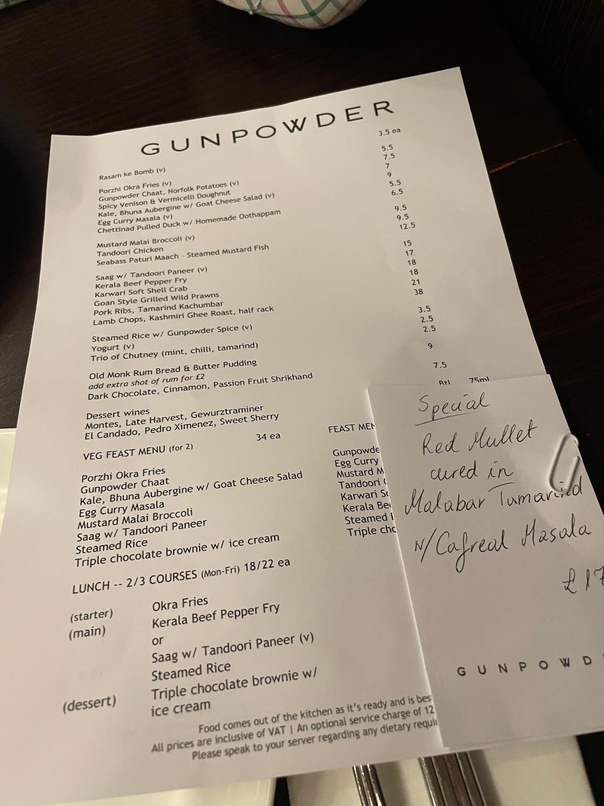 Menu at Gunpowder Spitalfields restaurant, London
