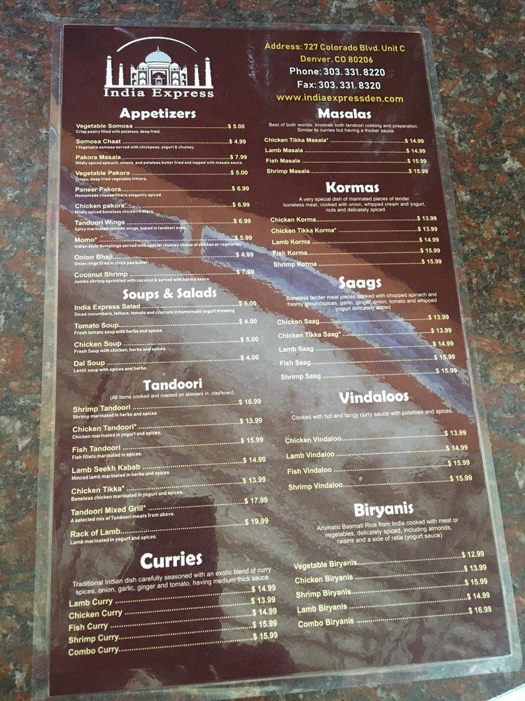 Menu at India Express Denver restaurant, Denver, 727 Colorado Blvd