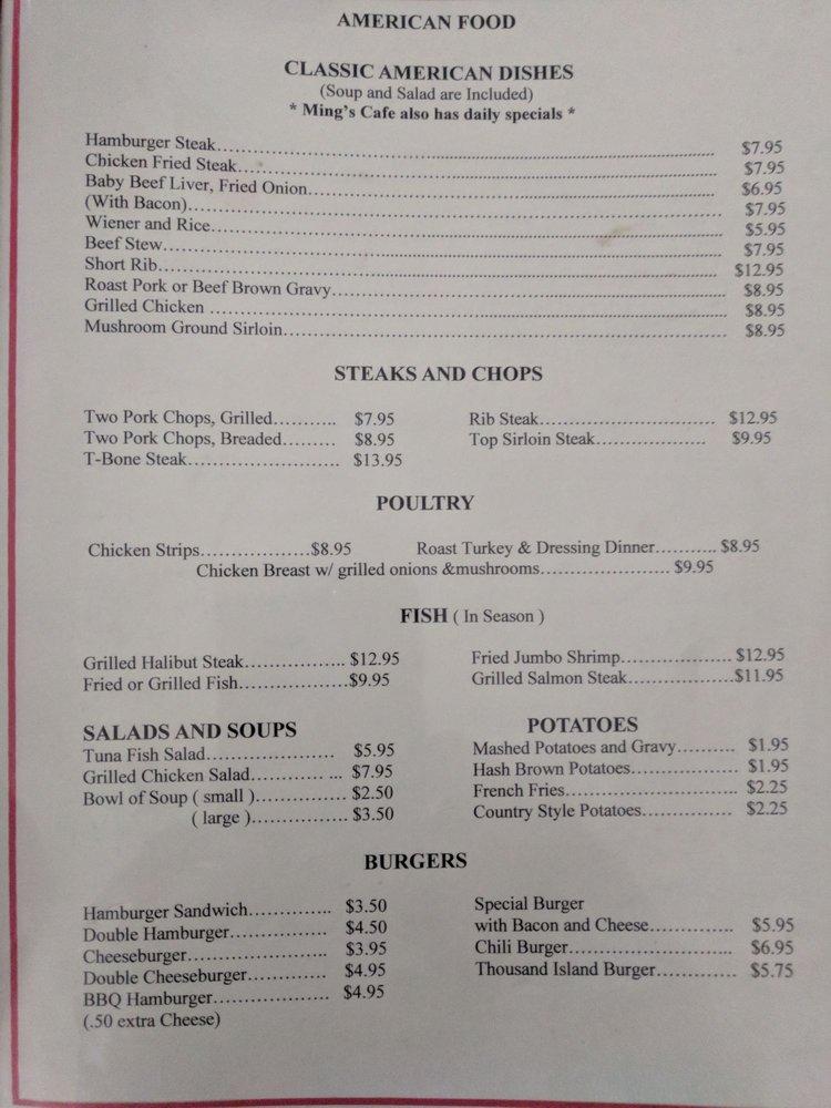 Menu at Ming's Cafe, Bakersfield