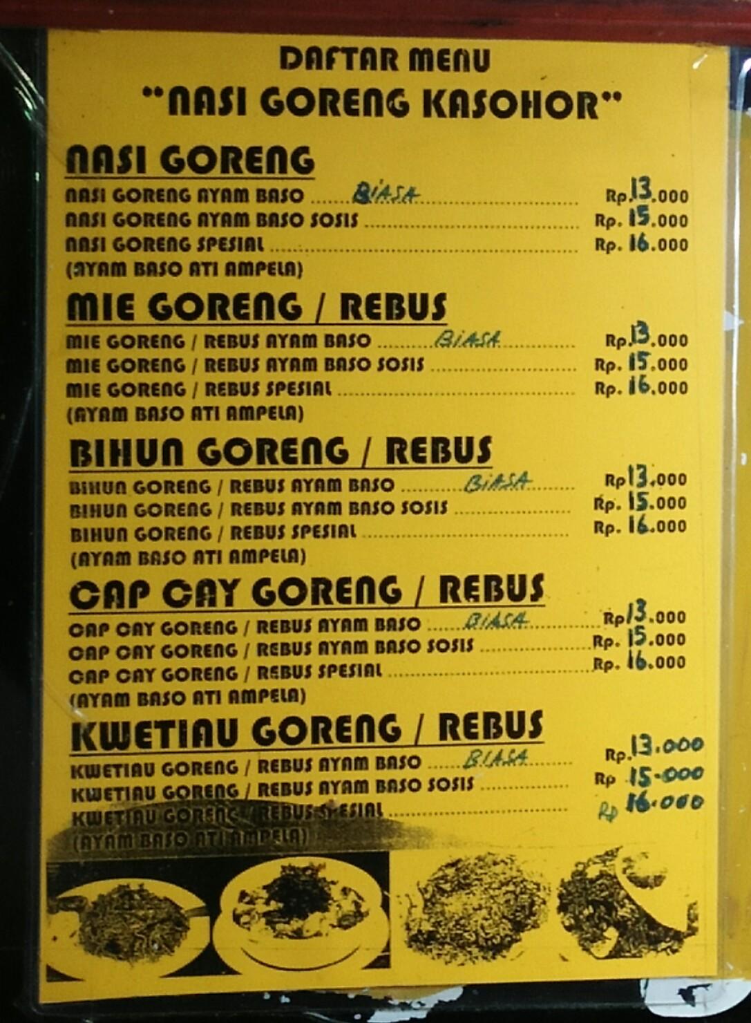 Menu at Nasi Goreng Kasohor cafe, Bandung