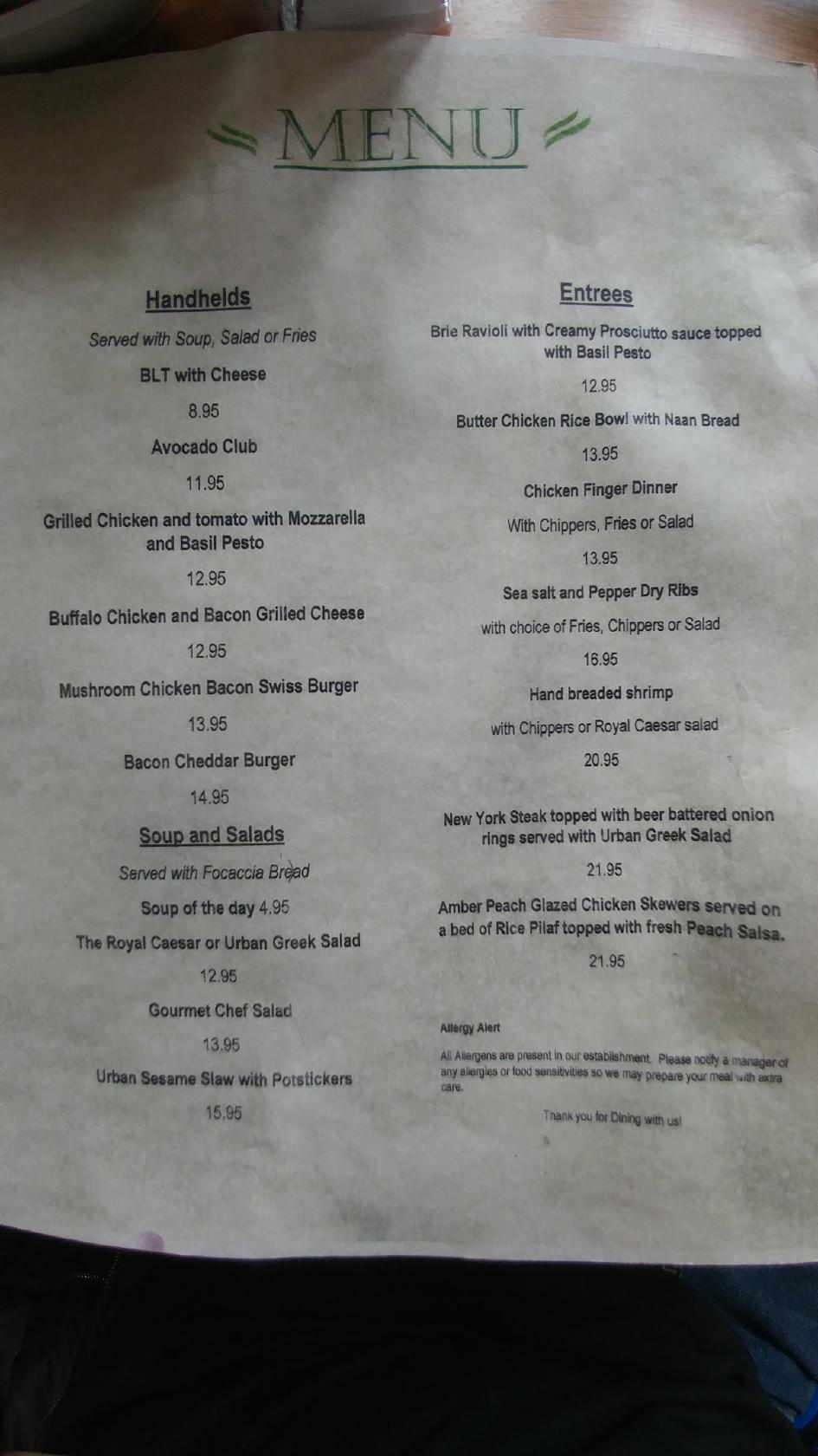 Menu at RJ's Urban Garden Cafe, Melfort
