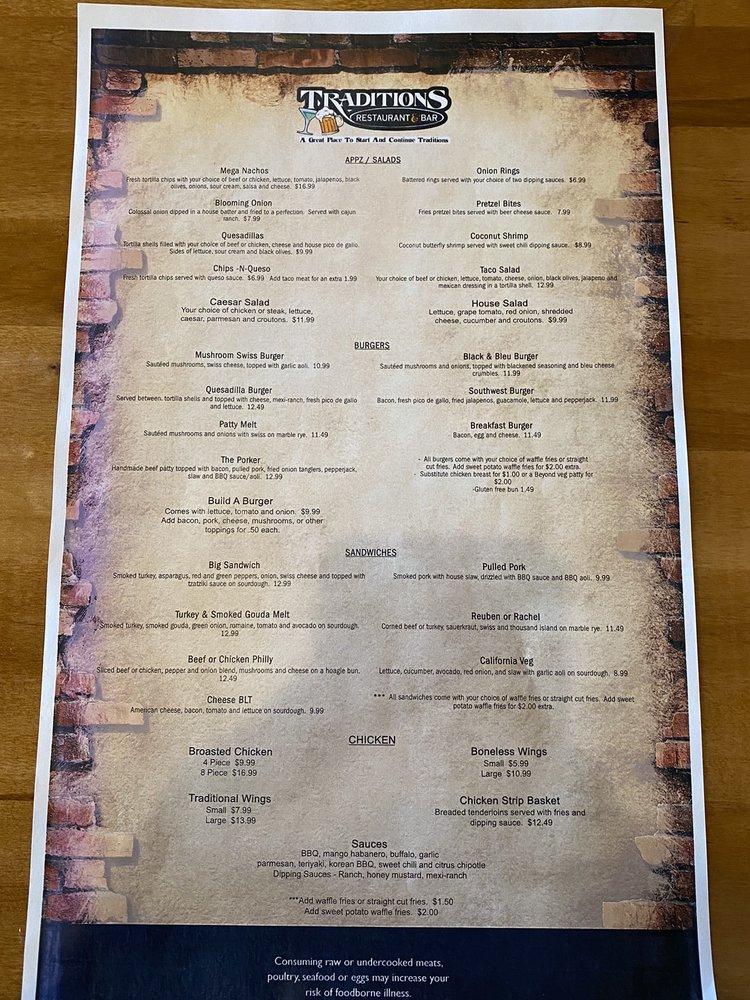 Menu at Traditions Restaurant & Bar, West Fargo