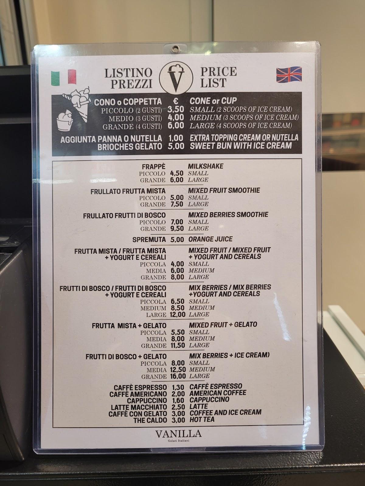 Menu au Vanilla Gelati Italiani desserts, Milan, Via Pattari