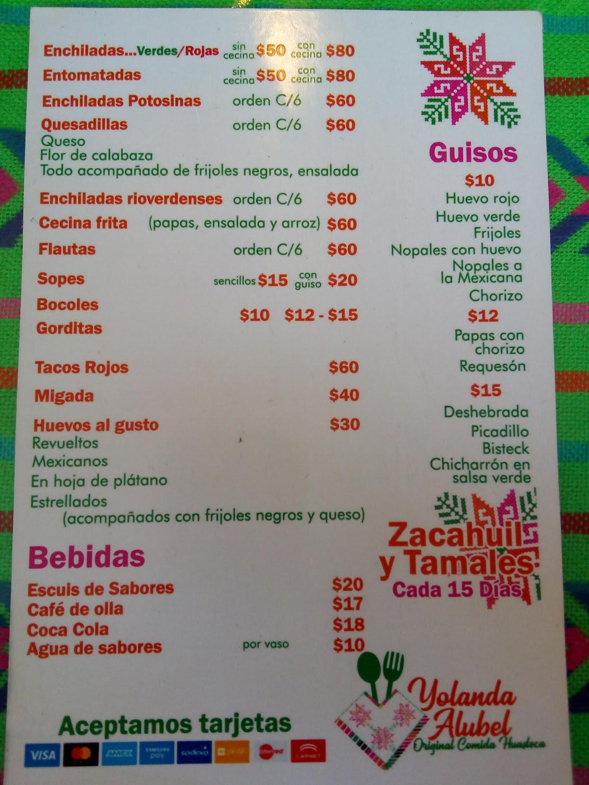 Menu at Yolanda Alubel Original Comida Huasteca restaurant, San Luis Potosi