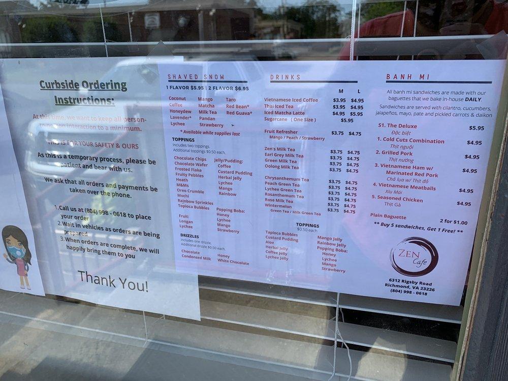 Menu at Zen Cafe, Richmond