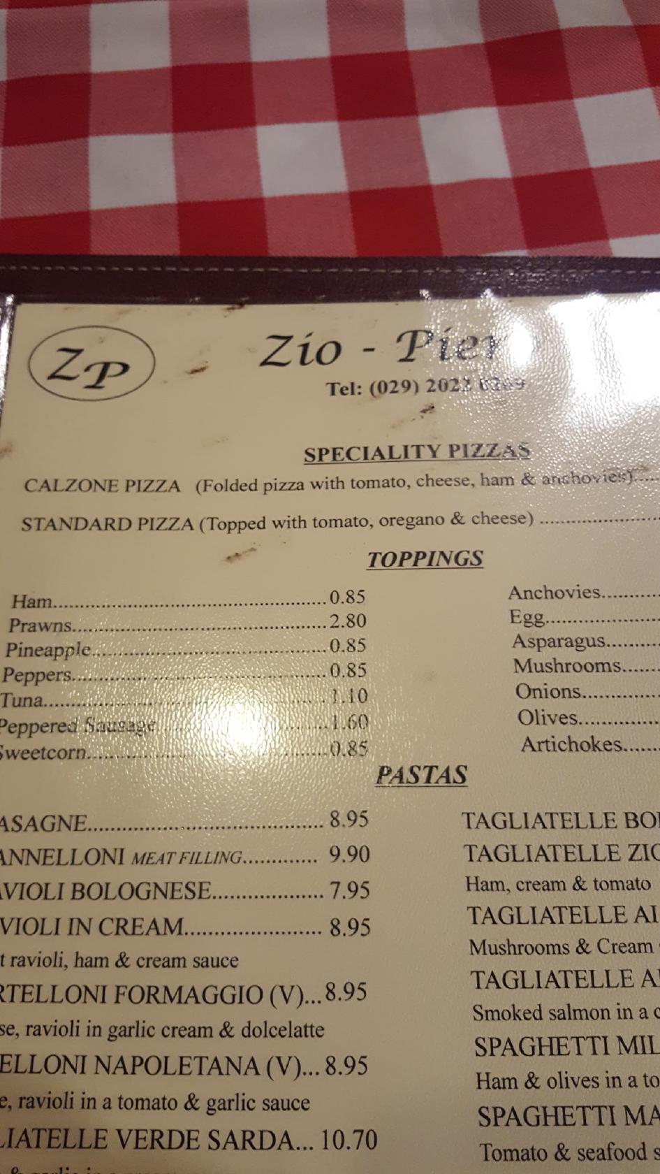 Menu at Zio Piero restaurant, Cardiff