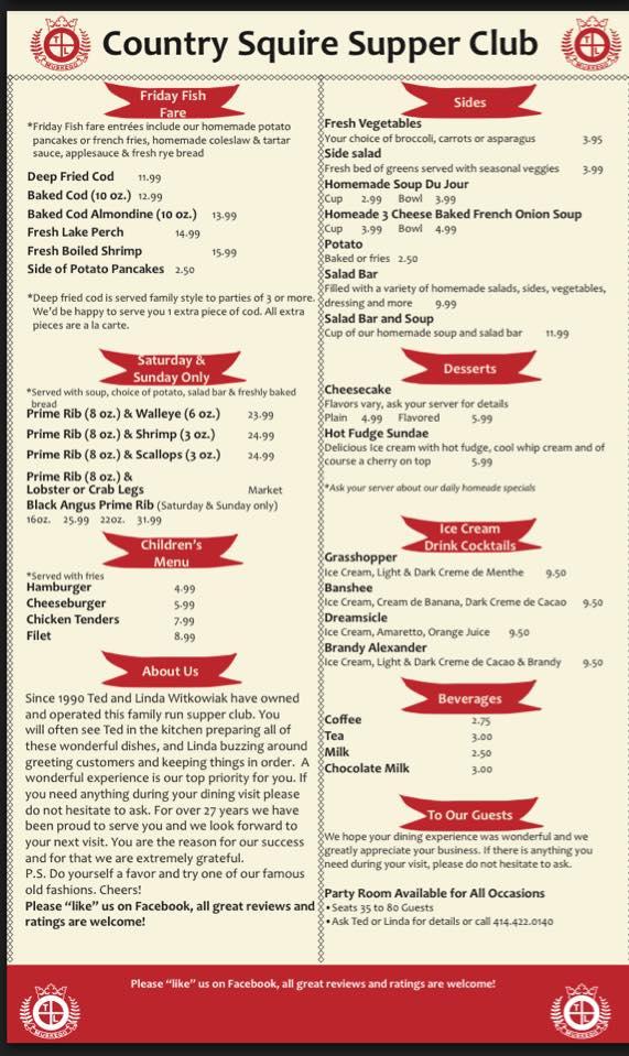 Menu at Country Squire Supper Club, Muskego