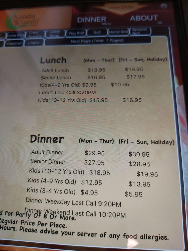 Menu at Kanda Sushi restaurant, Mississauga