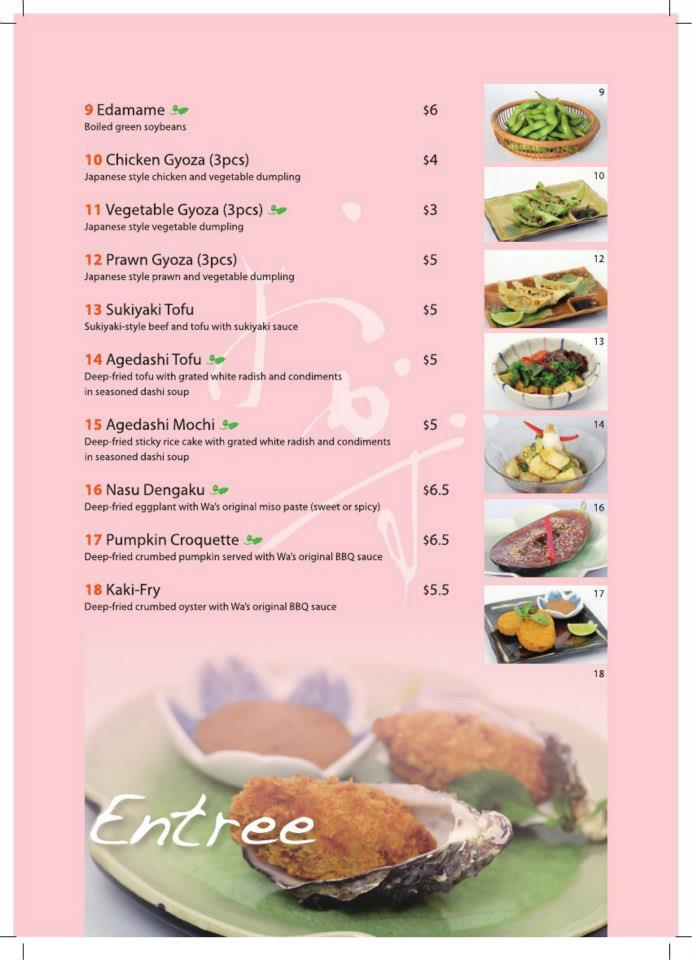 Menu at WA restaurant, Bondi Junction