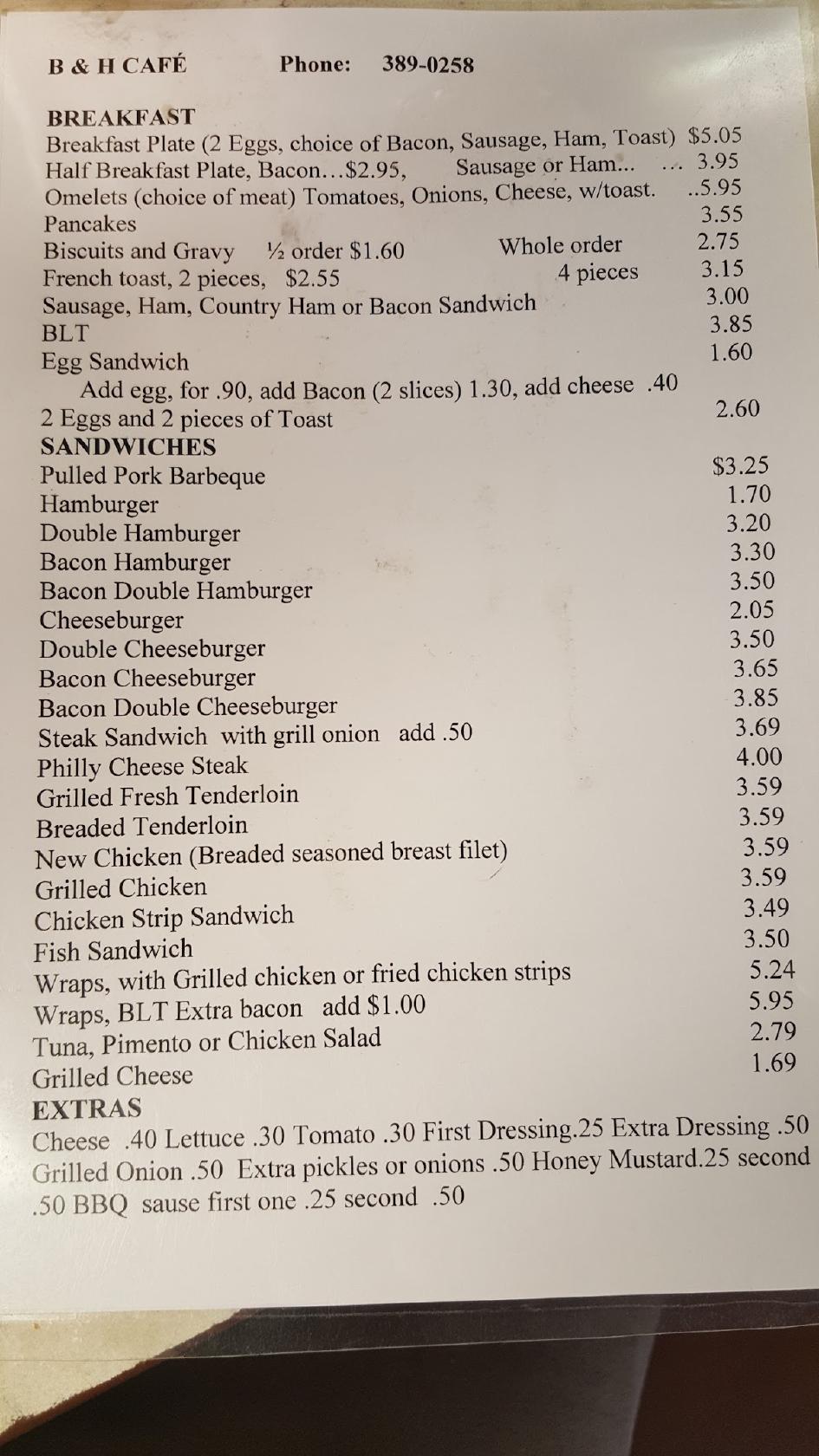 Menu at B & H Restaurant, Morganfield