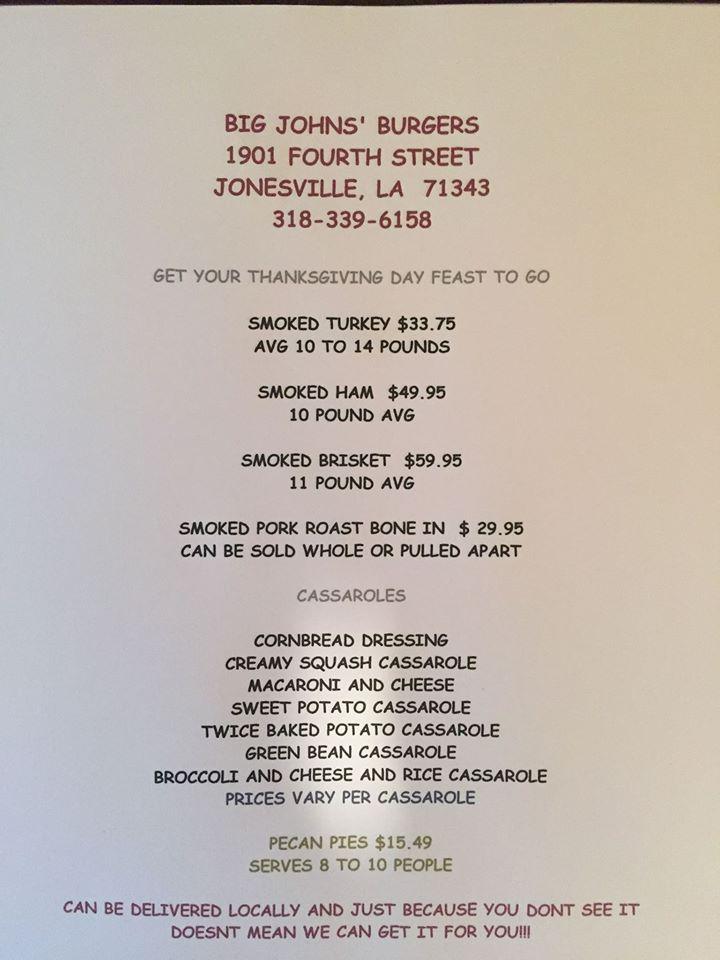 Menu at Big John's Burgers restaurant, Jonesville