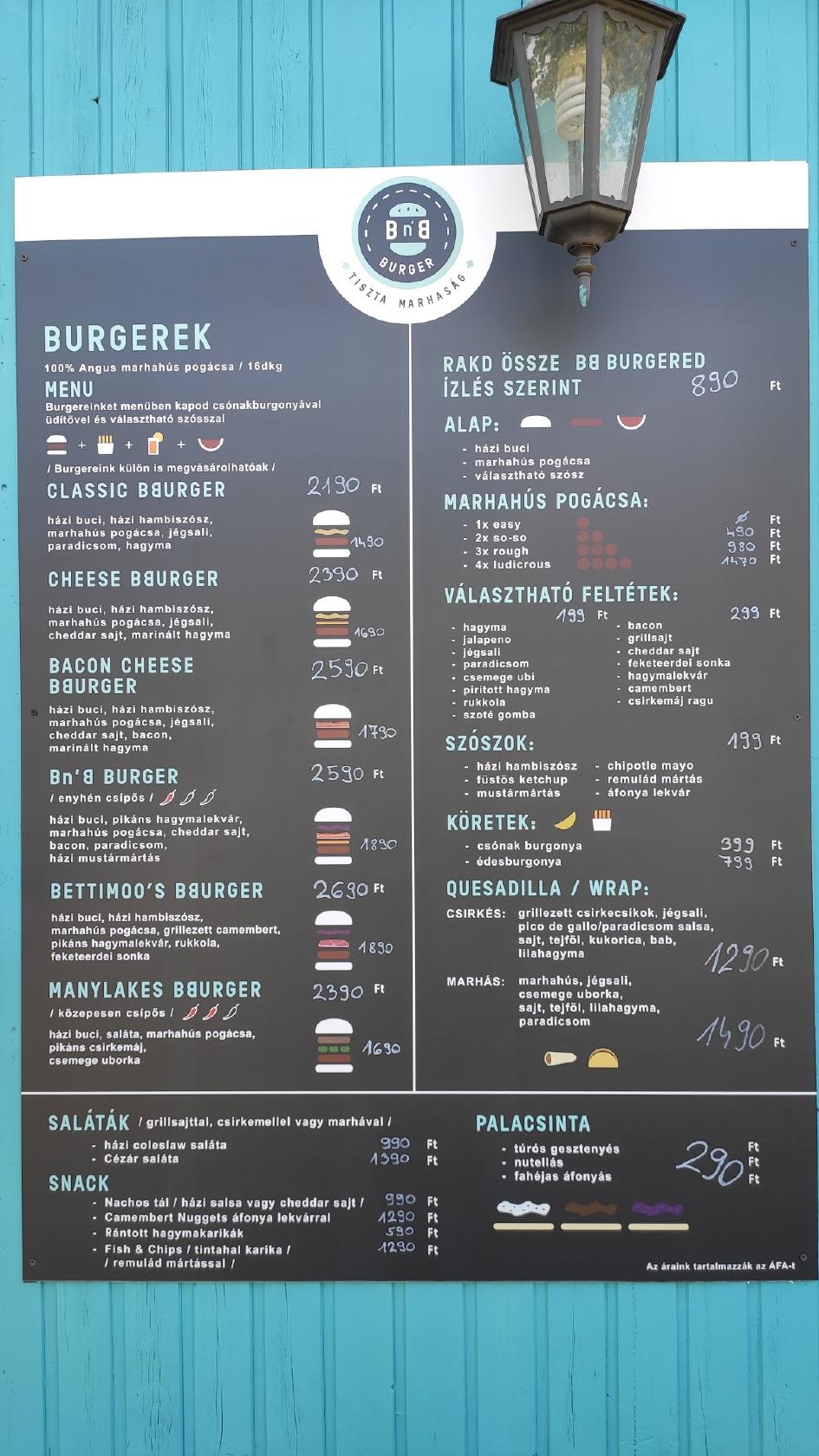Menu at Bn'B Burger restaurant, Délegyháza