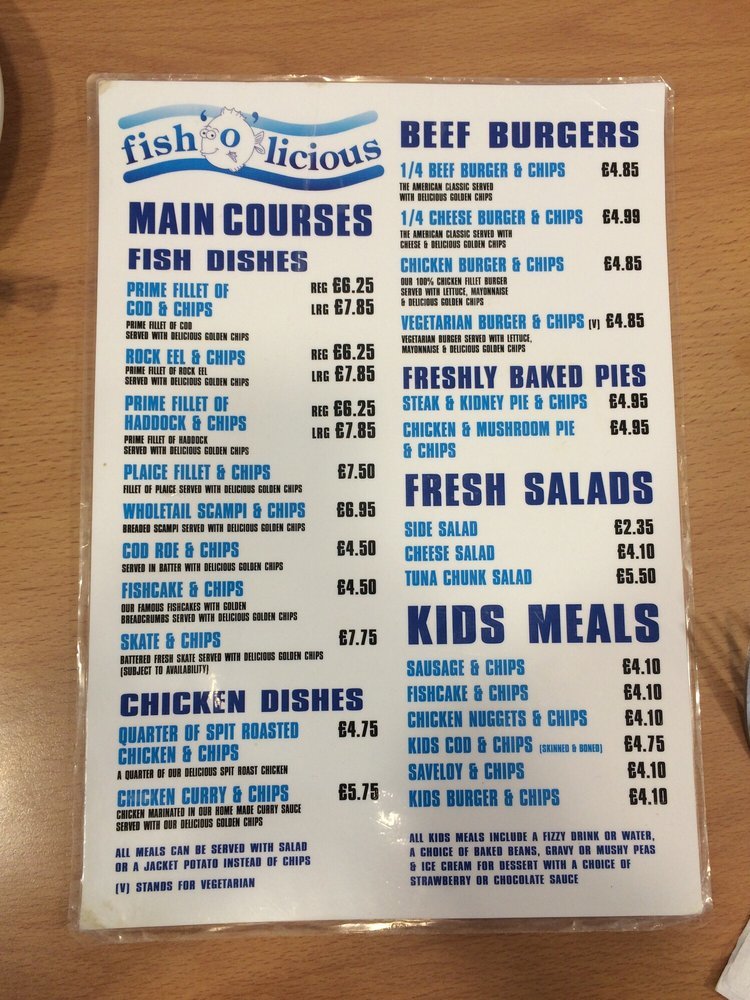 Menu at Fish'o'licious restaurant, Great Yarmouth