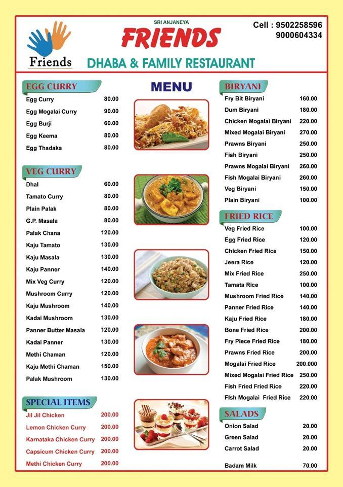 Menu at Friends Dhaba, Rajahmundry, Divancheru