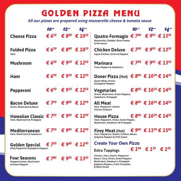 Menu at Golden Pizza fast food, Ennis
