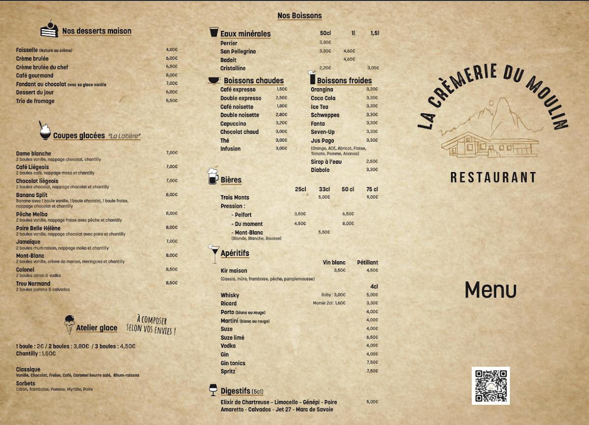 Menu au La Crémerie Du Moulin Les Praz restaurant, Chamonix-Mont-Blanc