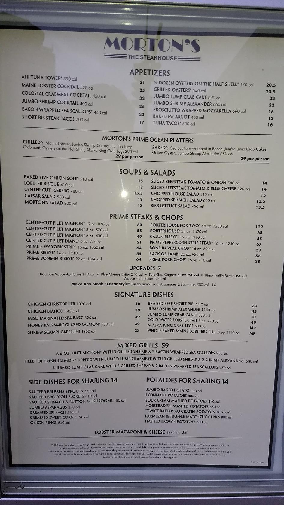 Menu at Morton's The Steakhouse, Rochester