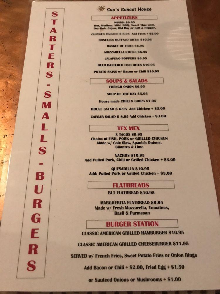 Menu at Sue's Sunset House pub & bar, Peekskill