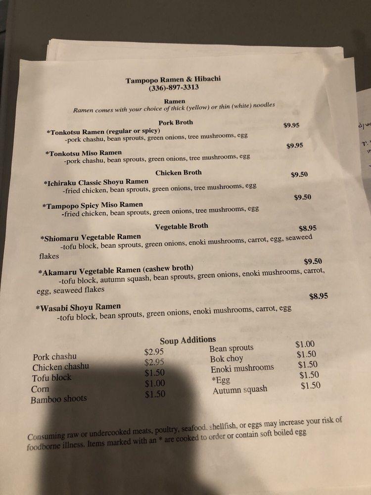 Menu at Tampopo Ramen & Hibachi restaurant, Greensboro