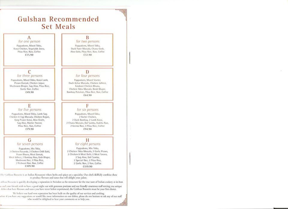 Menu at The Gulshan Brasserie (Shrivenham) restaurant, Shrivenham