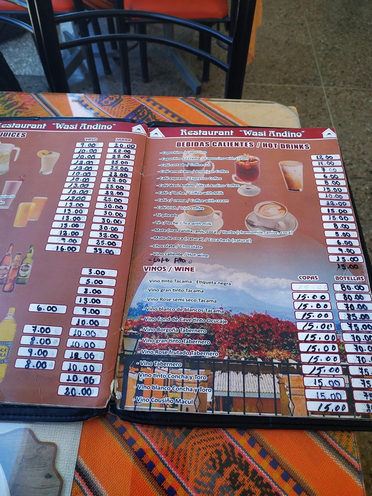 Menu at Wasi Andino restaurant, Arequipa