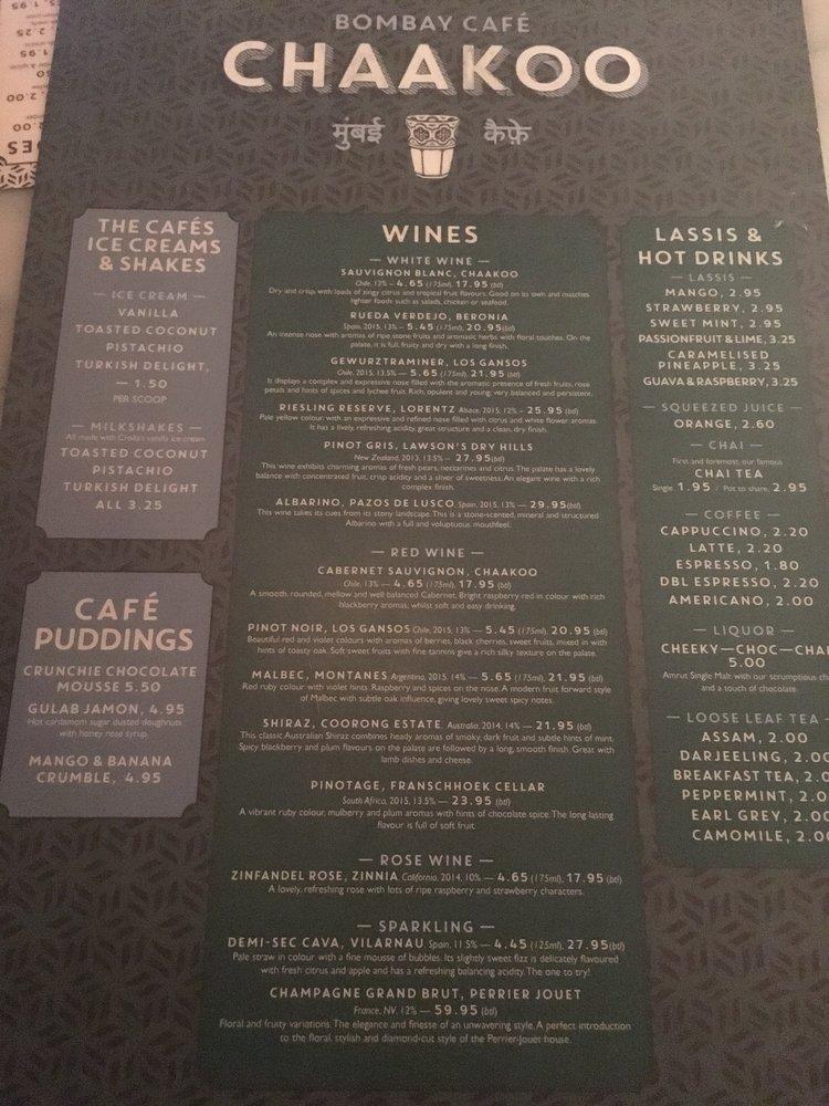 Menu at Chaakoo Bombay Cafe, Glasgow