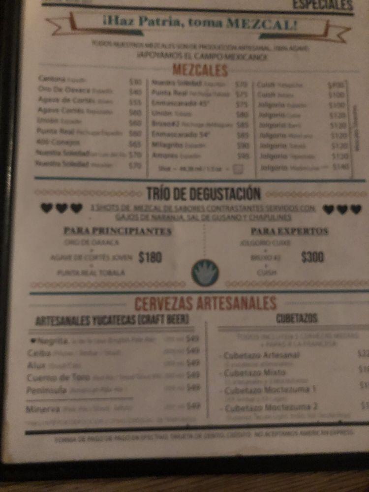 Carta del pub y bar La Negrita Cantina, Merida, Calle 62 esquina