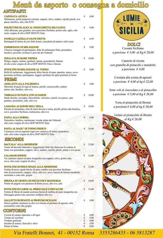 Menu au Lumie di Sicilia restaurant, Rome
