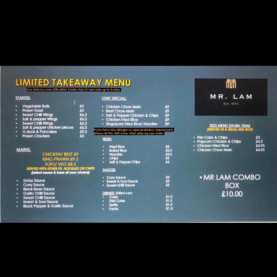 Menu at Mr Lam restaurant, Preston