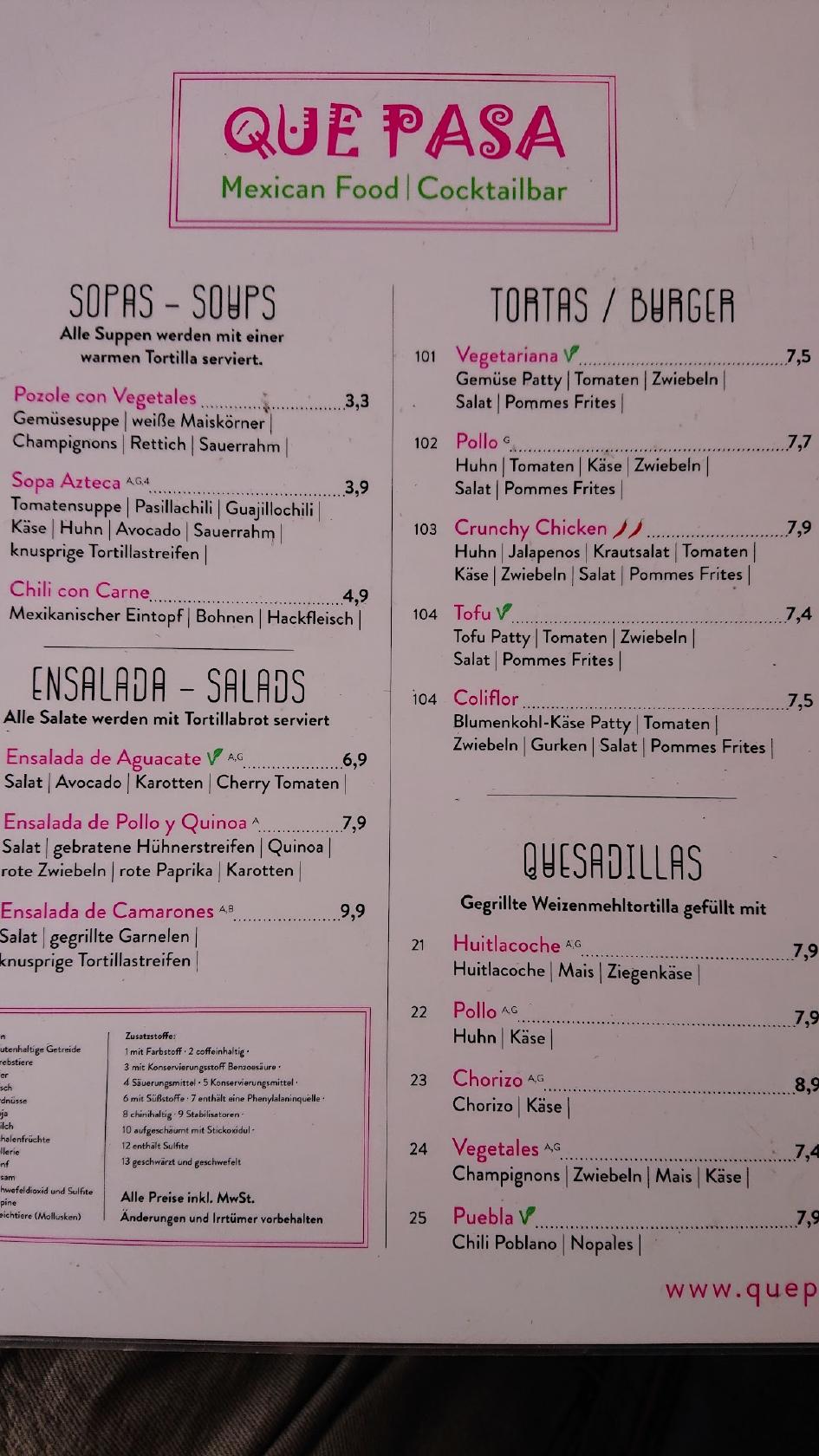 Menu at Que Pasa restaurant, Berlin, Zossener Str. 27
