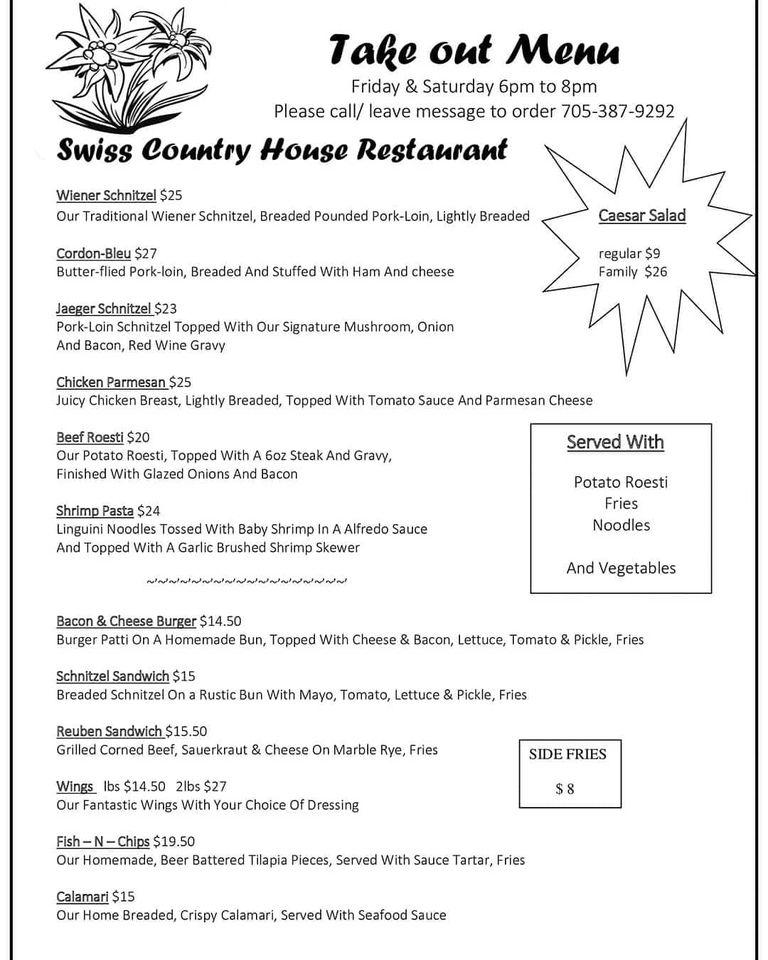 Menu at Swiss Country House Restaurant, Ahmic Harbour