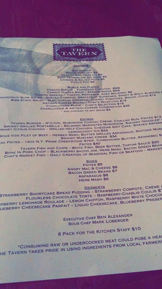 Menu at The Tavern restaurant, Tulsa