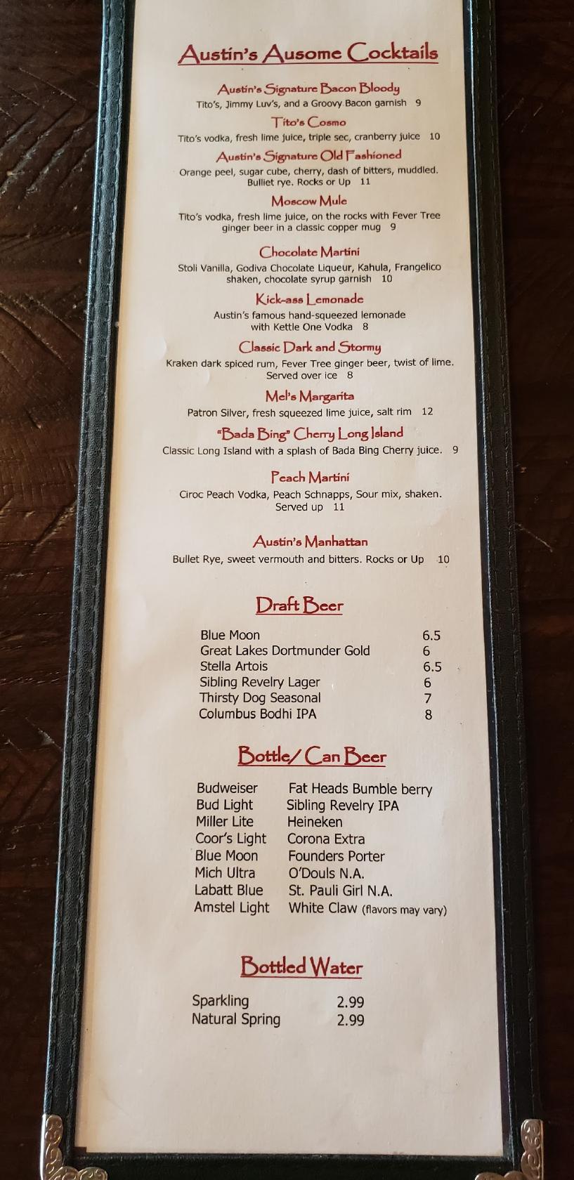 Menu at Austin’s Grill restaurant, Mentor
