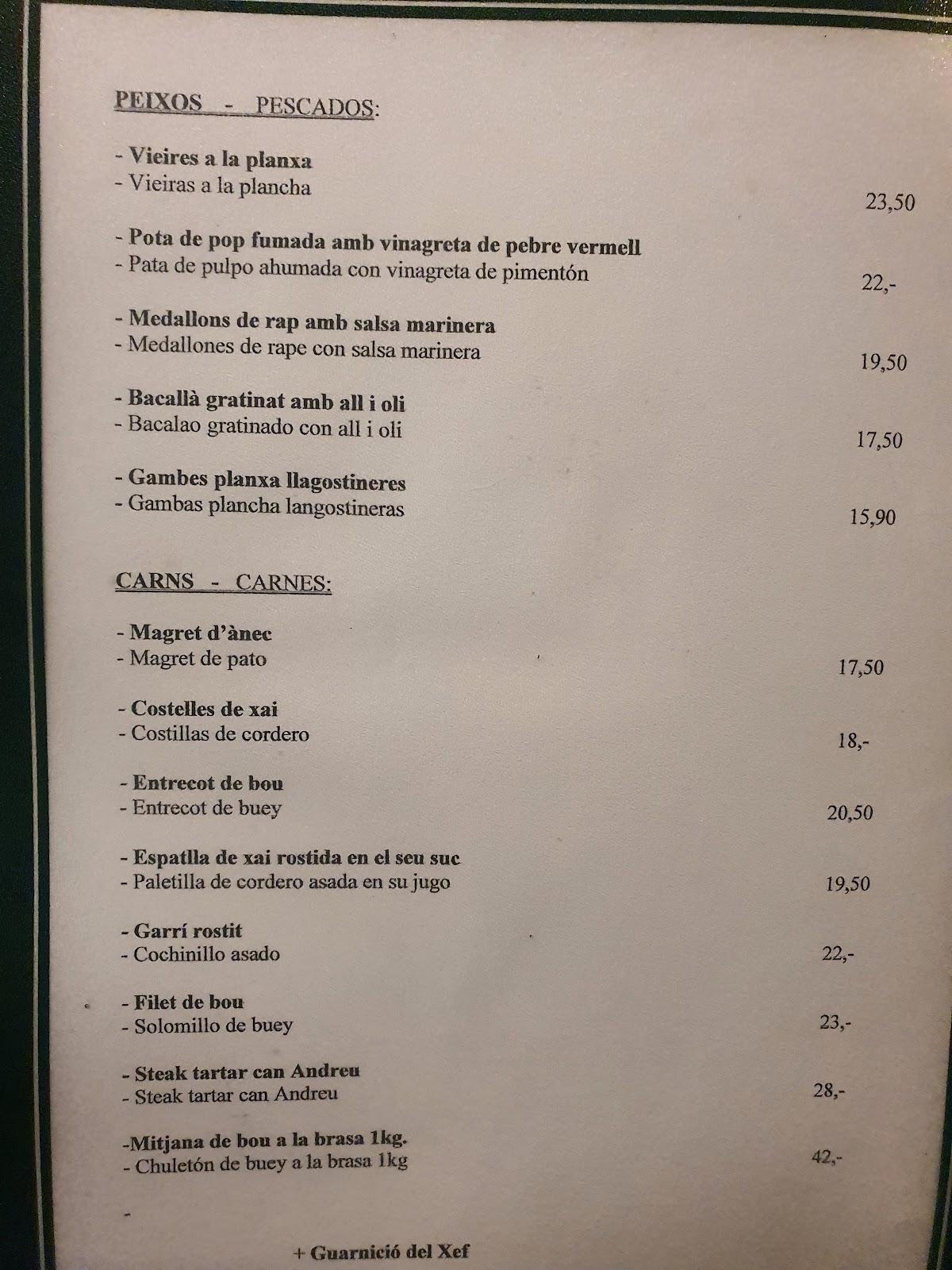 Menu at BORDA CAN ANDREU restaurant, Andorra la Vella
