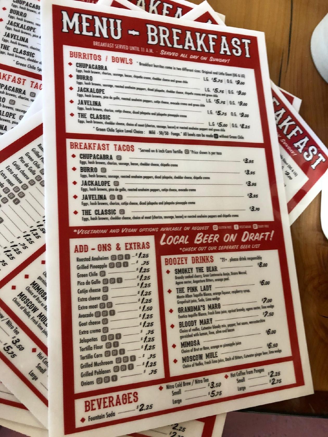 Menu at Bonfire Burritos pub & bar, Golden, 2221 Ford St