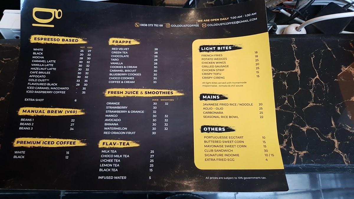 Menu at Gold Dust Coffee cafe, Surabaya