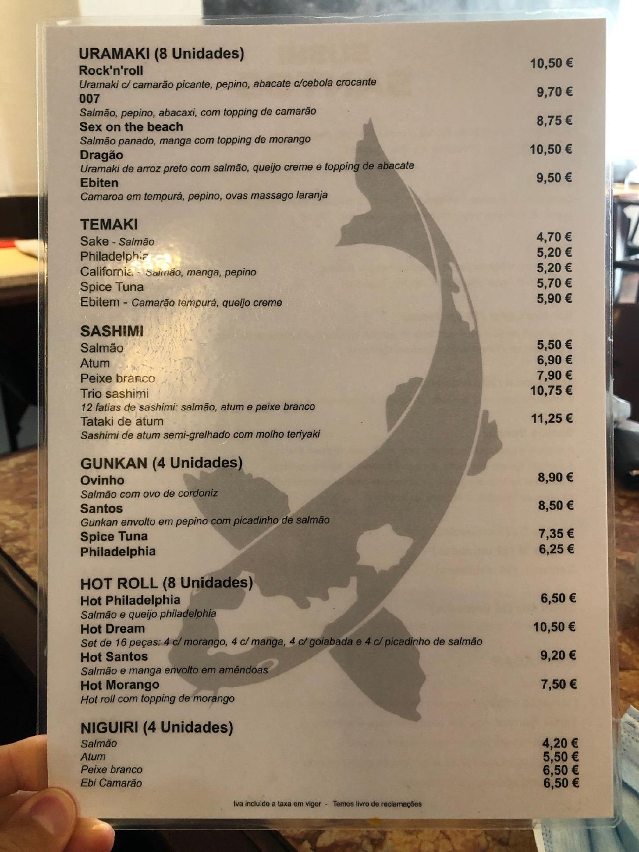 Menu at Katana Sushi Santos restaurant, Lisbon