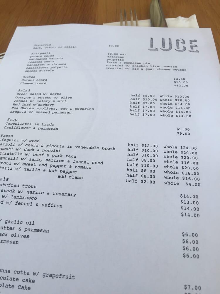 Menu at Luce restaurant, Portland