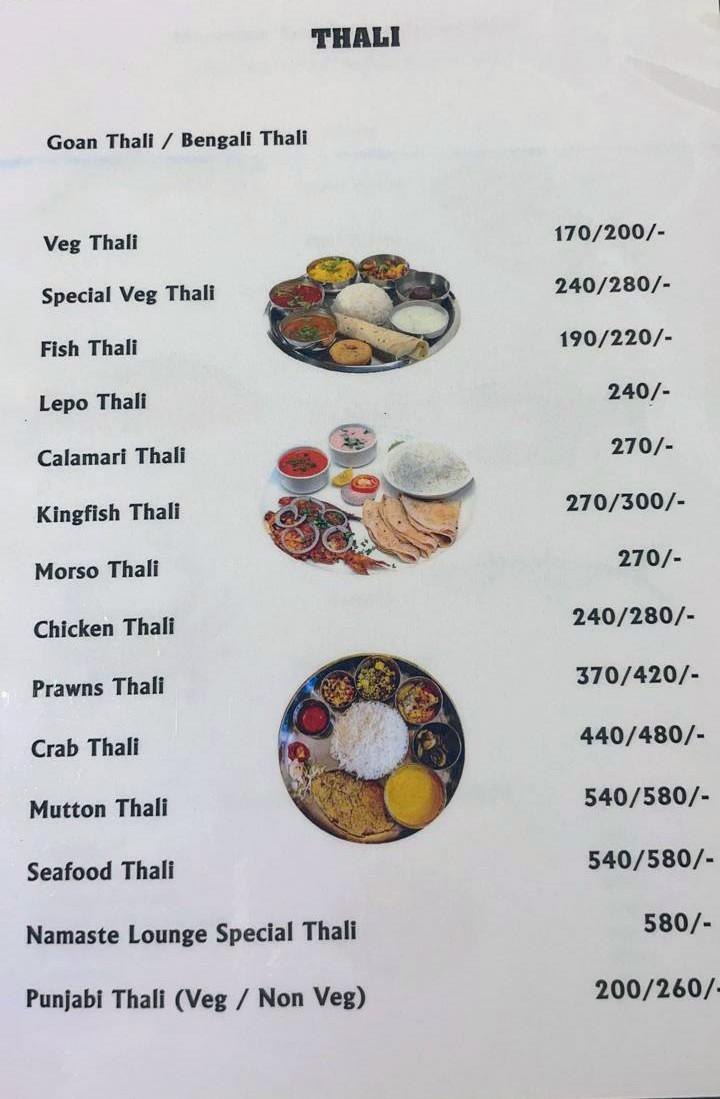 Menu at namaste Lounge, Canacona