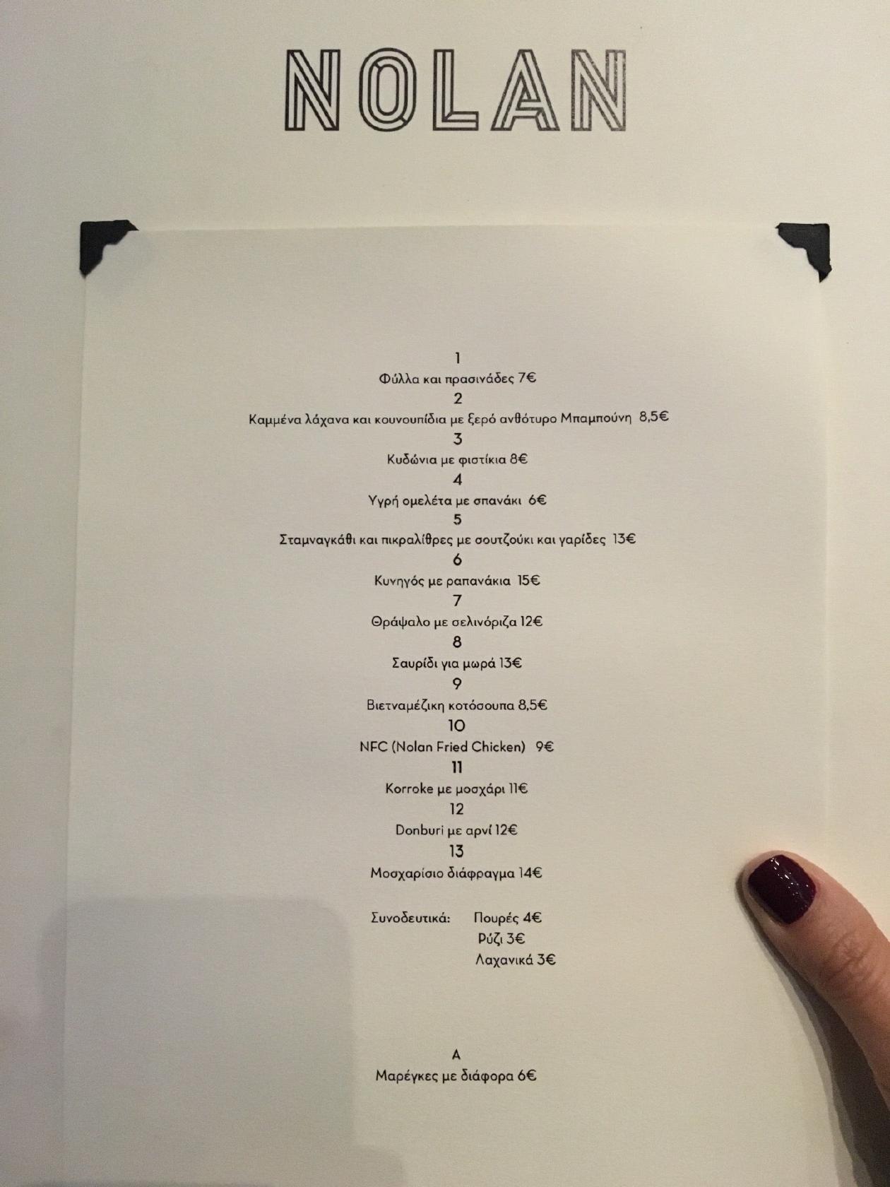 Menu at Nolan, Athens
