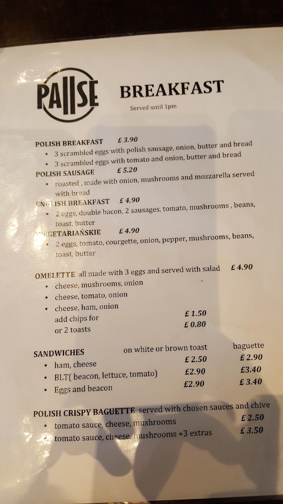 Menu at Pause Coffee restaurant, London, 711 Seven Sisters Rd
