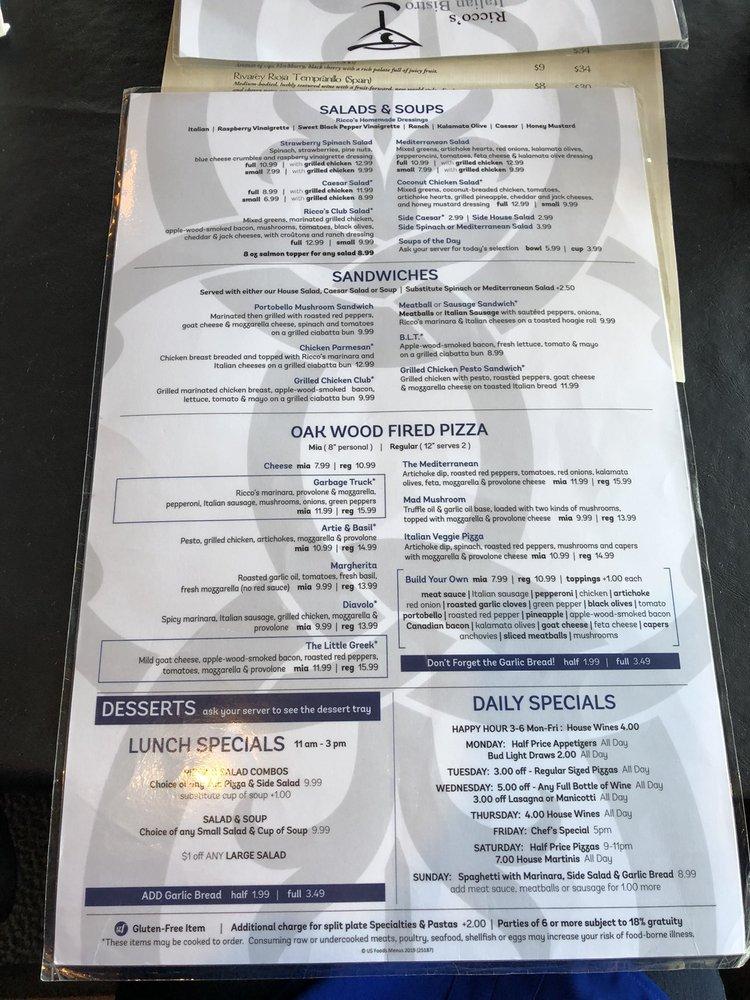 Menu at Ricco's Italian Bistro pizzeria, Overland Park