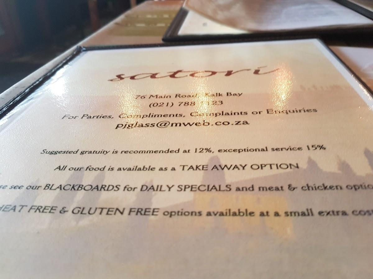 Menu at Satori Kalk Bay restaurant, Cape Town