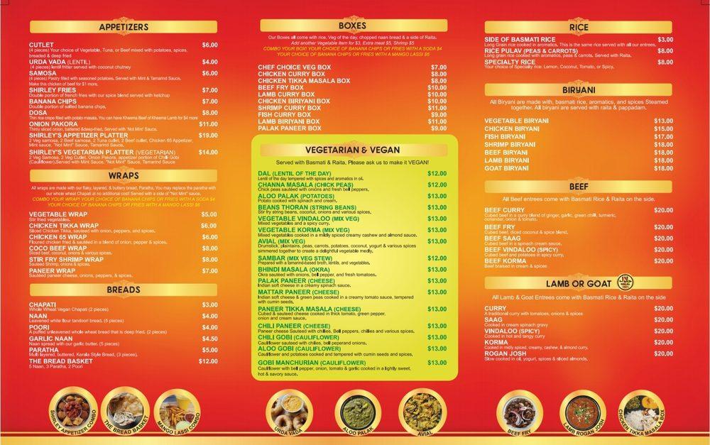 Menu at Shirley's India restaurant, New Rochelle, 1 Leroy Pl