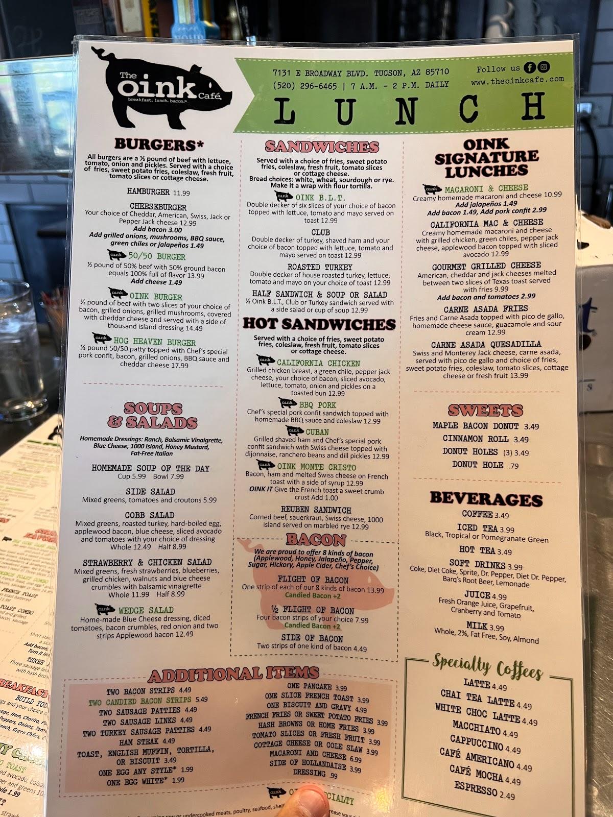 Menu at The Oink Cafe, Tucson