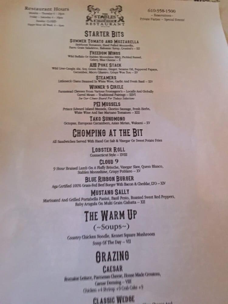 Menu at The Stables of Yellow House restaurant, Glen Mills