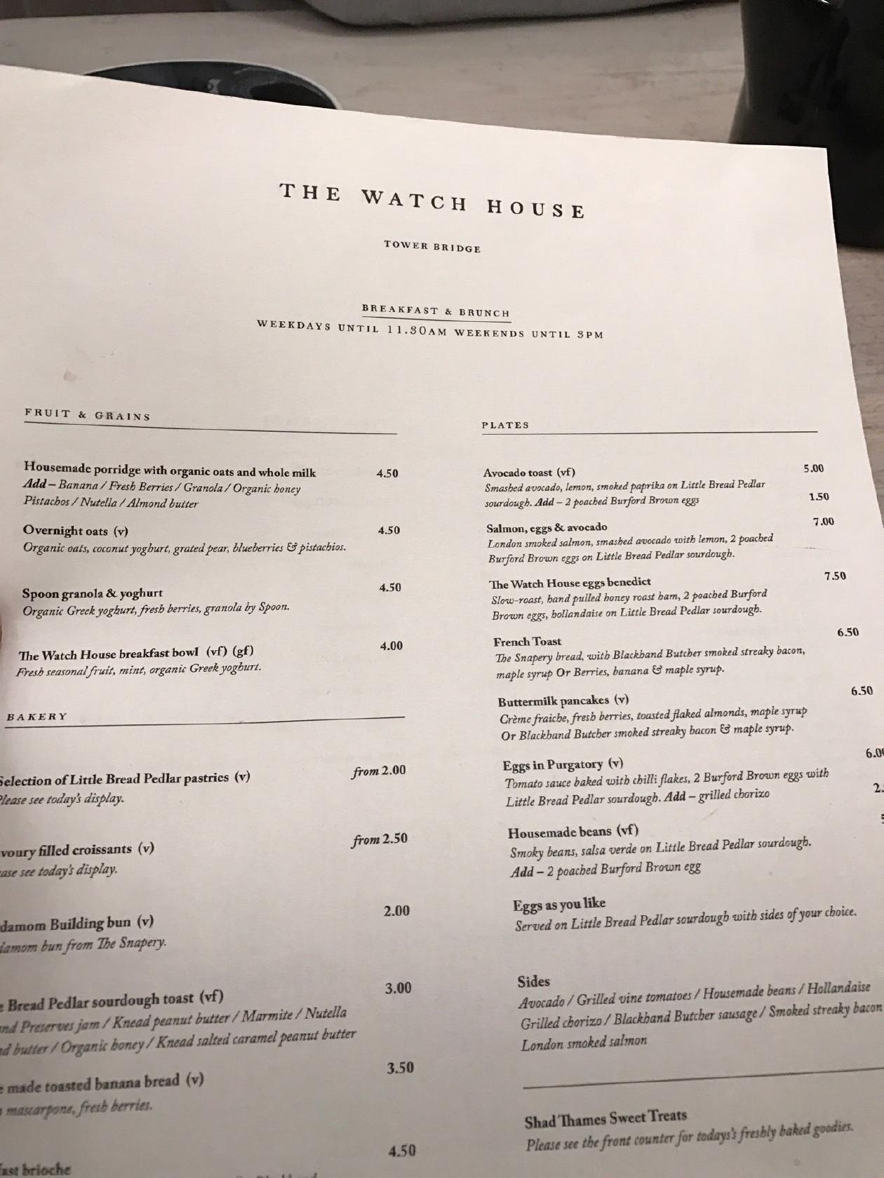 Menu at WatchHouse Tower Bridge cafe, London, 37 Shad Thames