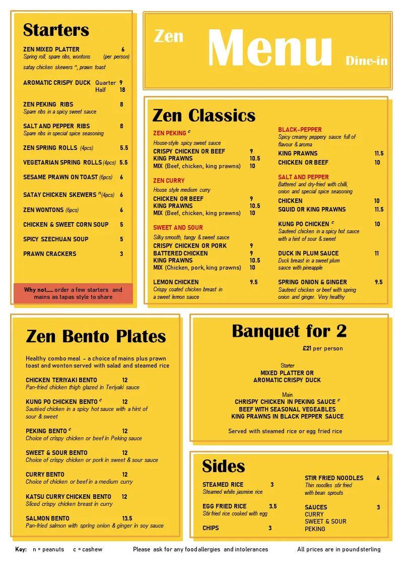 Menu at Zen Chinese Restaurant & Takeaway, Hull
