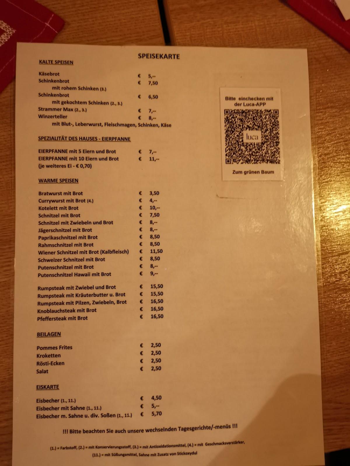 Speisekarte von Zum grünen Baum restaurant, Jugenheim in Rheinhessen