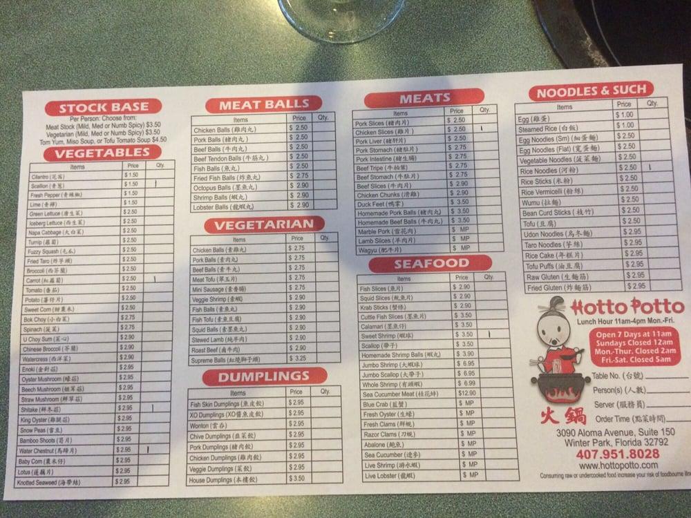 Menu at Hotto Potto restaurant, Winter Park, Aloma Ave